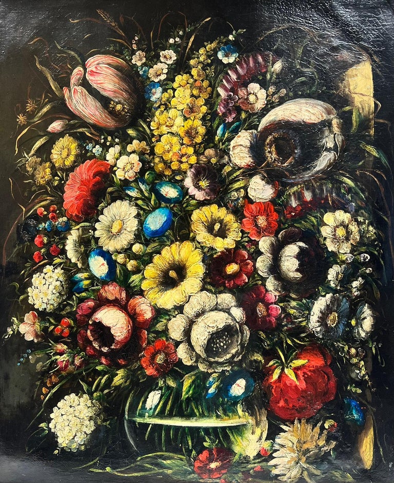 German School - Classical Still Life Flowers in Glass Bowl, Old Master ...