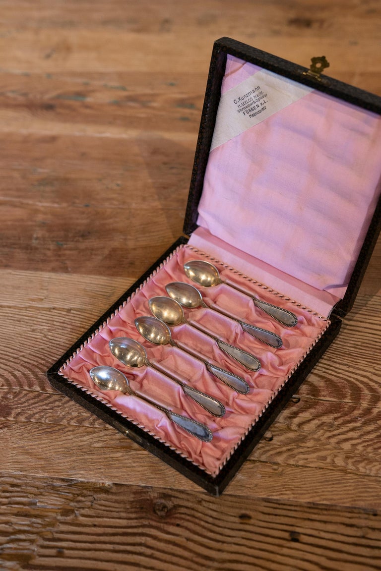 German Set of Six Silver Spoons in Case For Sale at 1stDibs