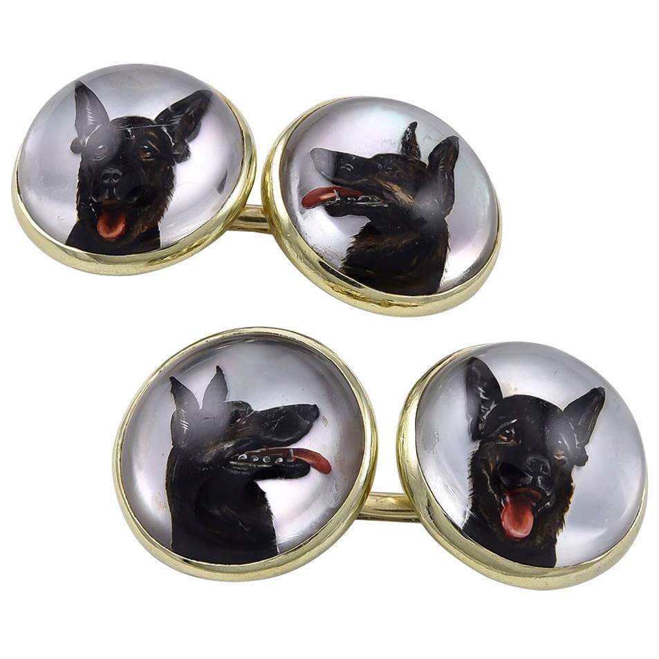 German Shepherd Gold and Crystal Cufflinks For Sale at 1stDibs