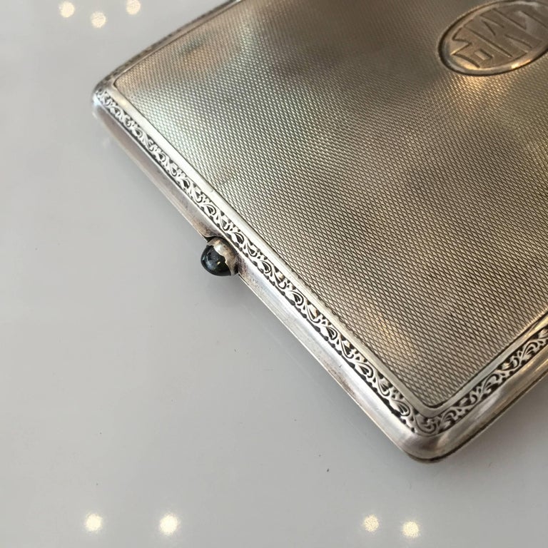 German Sterling Silver Cigarette Case with a Sapphire Stone at 1stDibs
