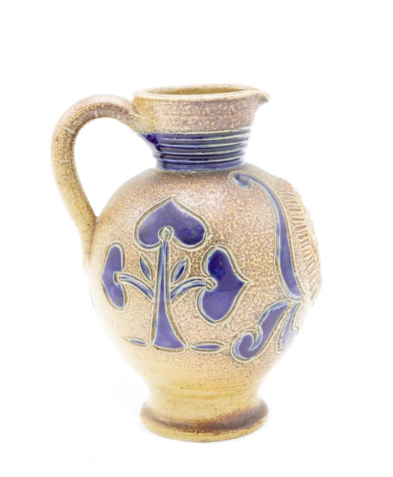 German Stoneware Pitcher with Incised Blue Decorations For Sale at 1stDibs