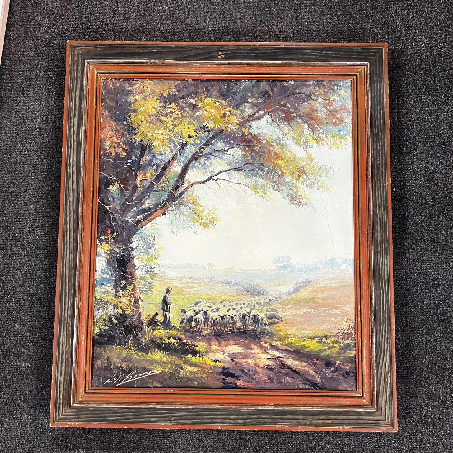 Germany Kunsthandlung Julius Giessen Art Oil Painting Shepherd Sheep ...