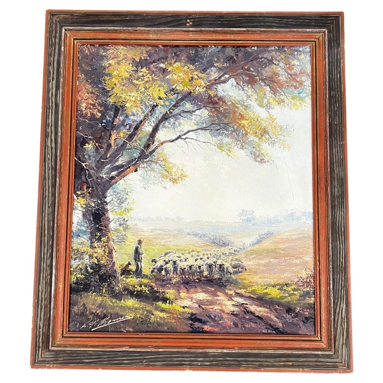 Germany Kunsthandlung Julius Giessen Art Oil Painting Shepherd Sheep ...
