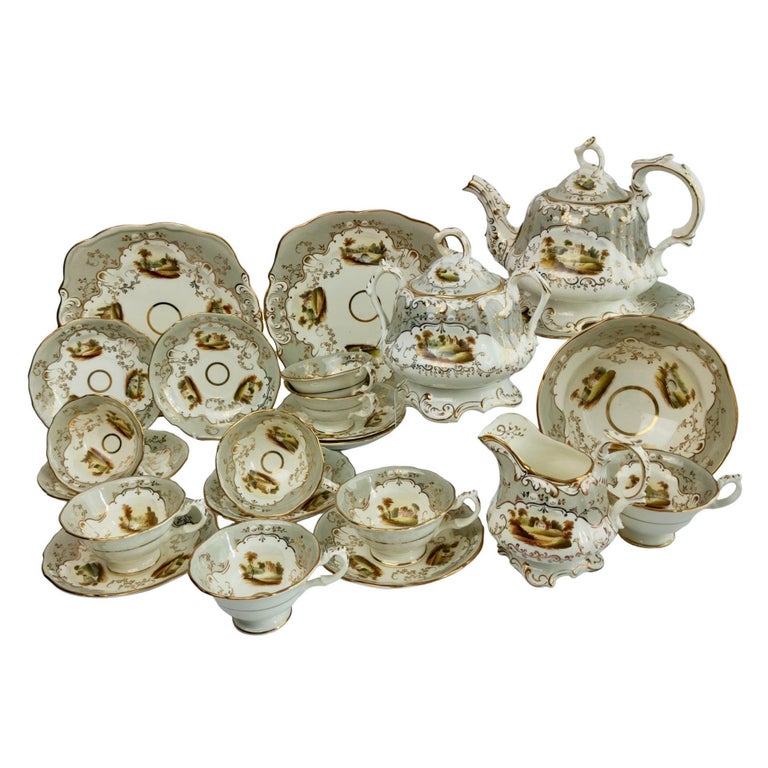 G.F. Bowers Large Tea Service, Grey with Landscapes, Rococo Revival ...