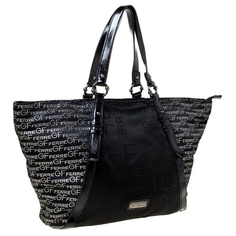 GF Ferre Black Logo Printed Nylon Zip Tote For Sale at 1stDibs