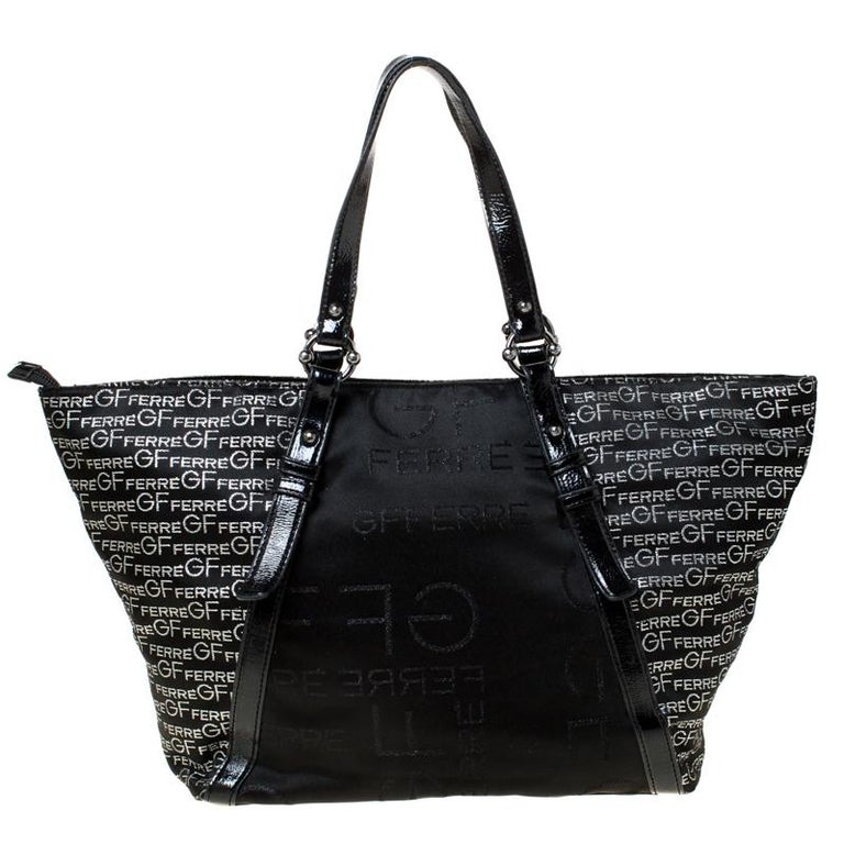 GF Ferre Black Logo Printed Nylon Zip Tote For Sale at 1stDibs