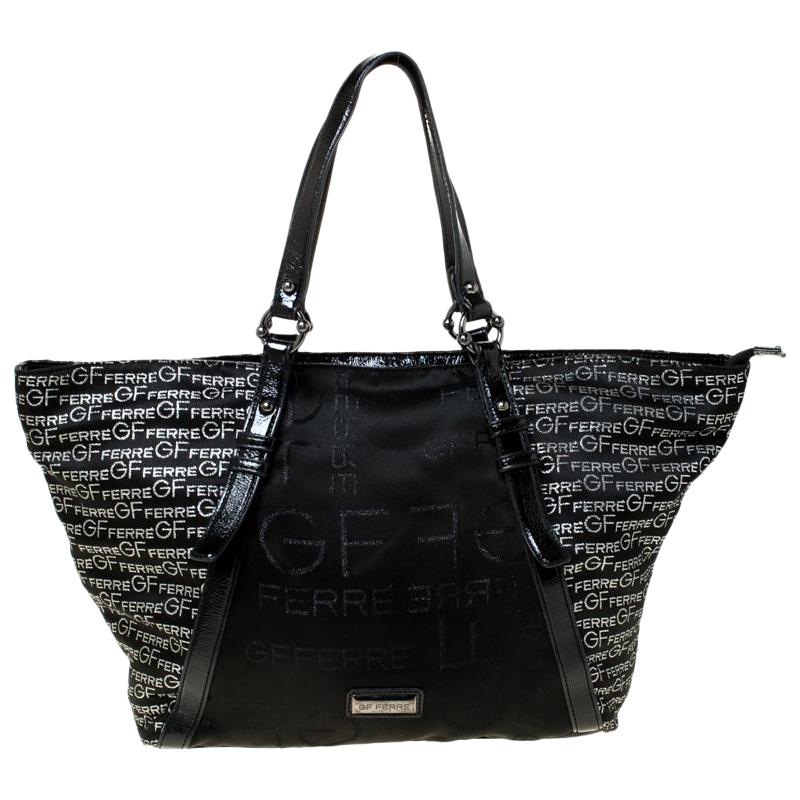 GF Ferre Black Logo Printed Nylon Zip Tote For Sale at 1stDibs
