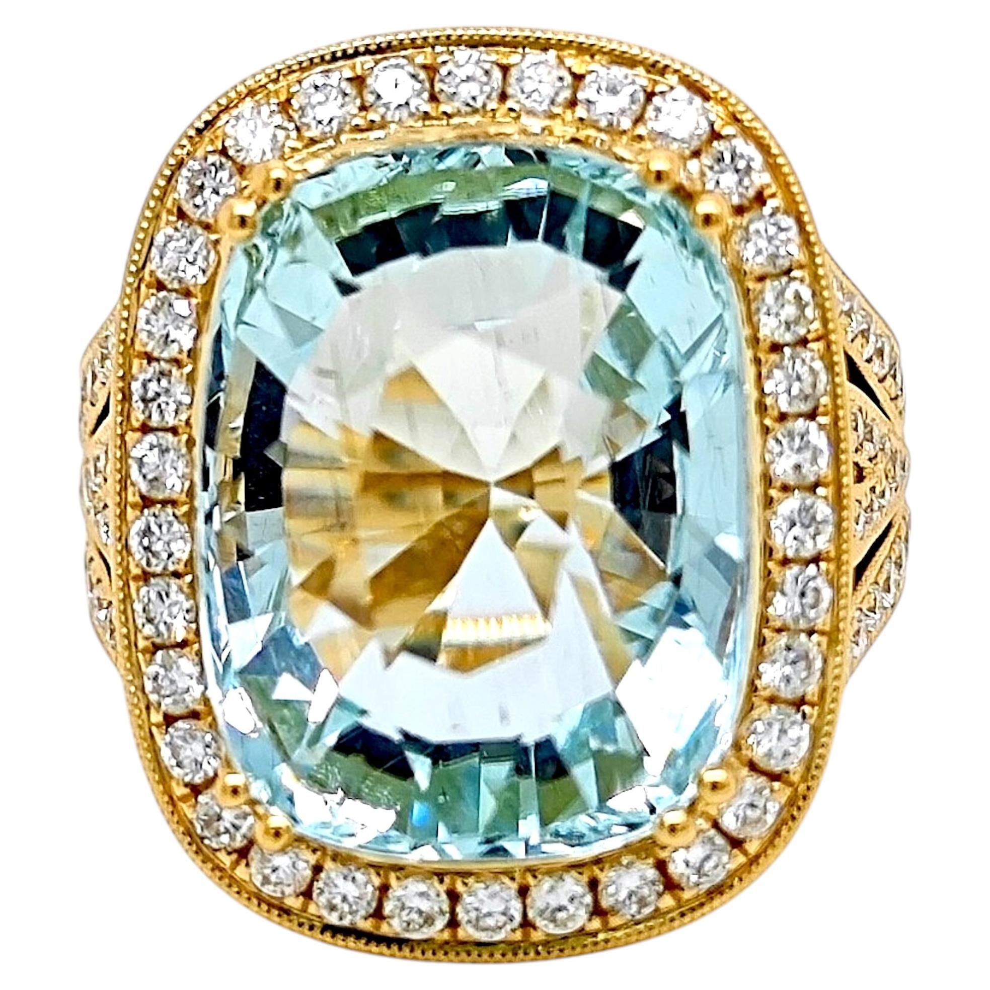 13.48 Carat Aquamarine Round Diamond Yellow Gold Ring For Sale at 1stDibs