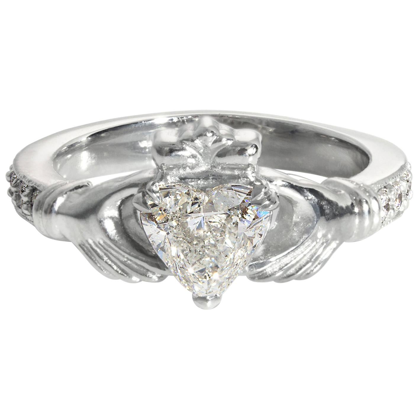 GIA 1.10 Carat Heart Diamond Irish Claddagh Platinum Estate Vintage ...