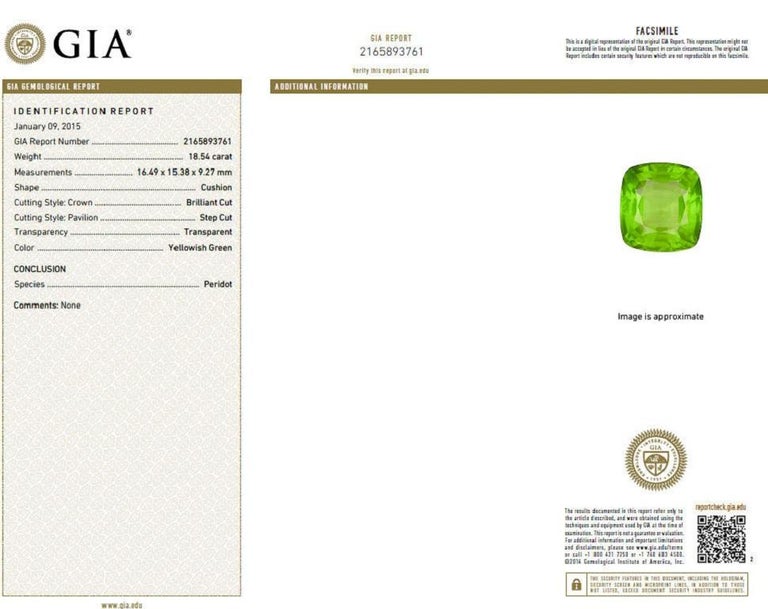 GIA 19.30 Carat Natural Vivid Green Cushion Peridot Diamond Ring Halo ...