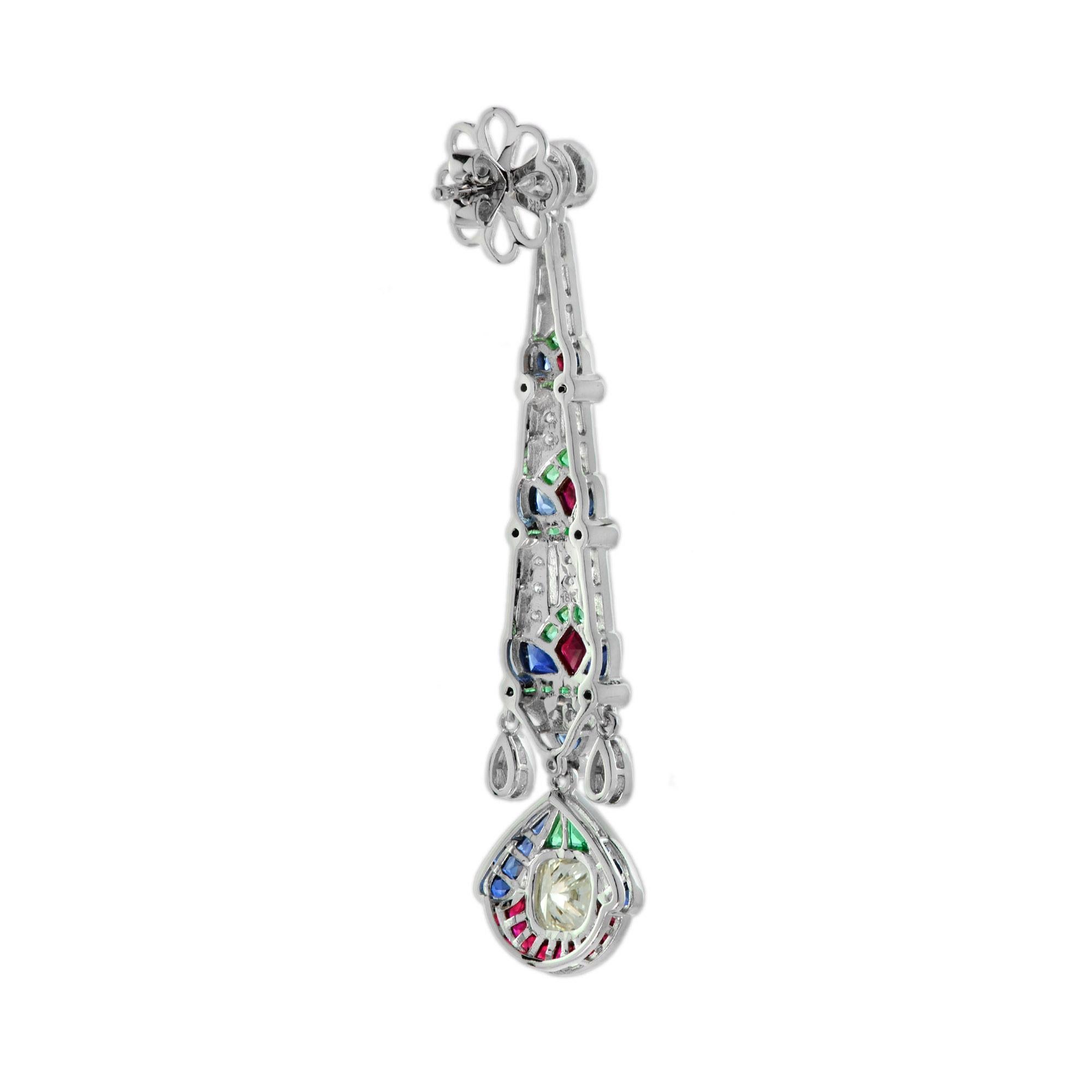 Gia 2.03ct Diamond Emerald Ruby and Sapphire Dangle Earrings in 18k White Gold For Sale at 1stDibs