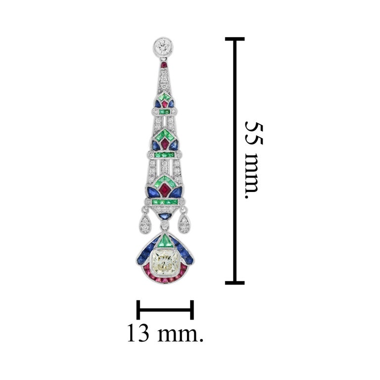 Gia 2.03ct Diamond Emerald Ruby and Sapphire Dangle Earrings in 18k White Gold For Sale at 1stDibs