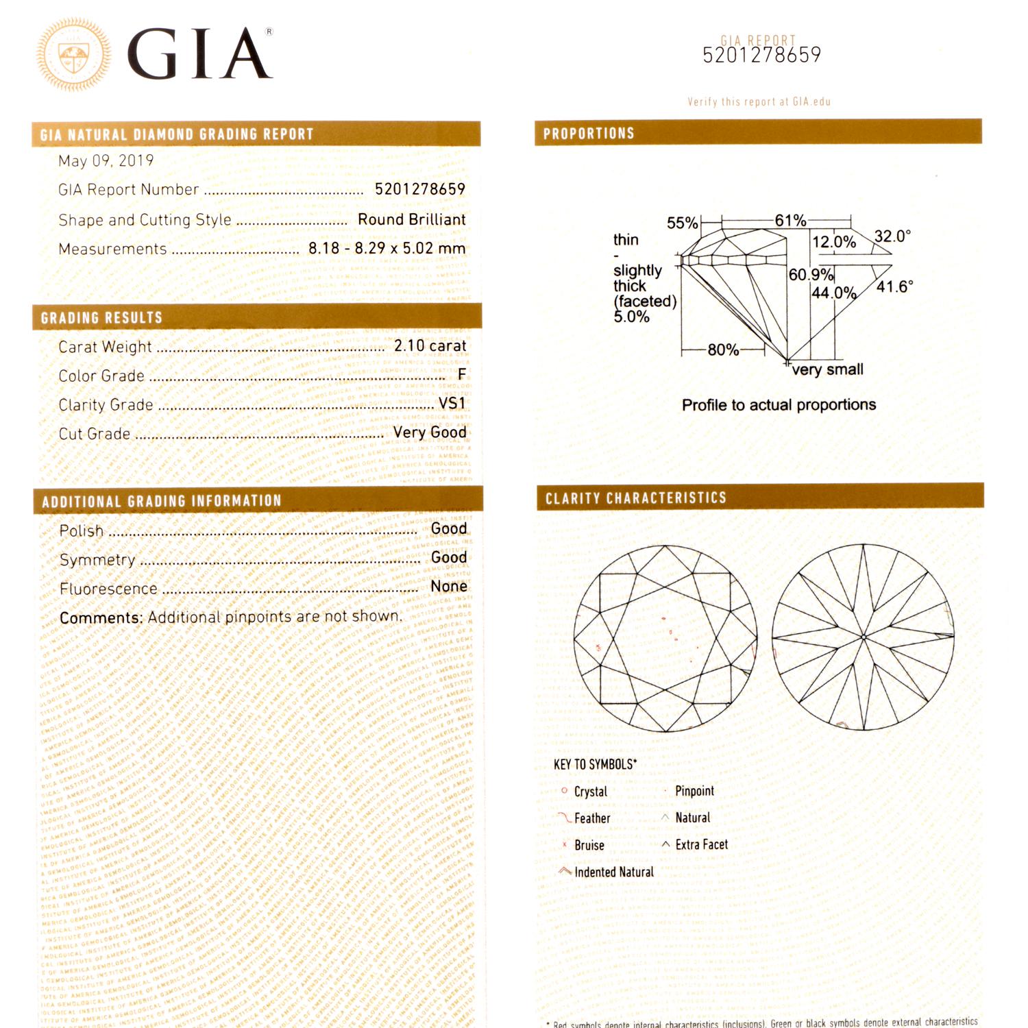 GIA 2.40 Carat Diamond F Color VS1 Clarity Platinum Engagement Ring For ...