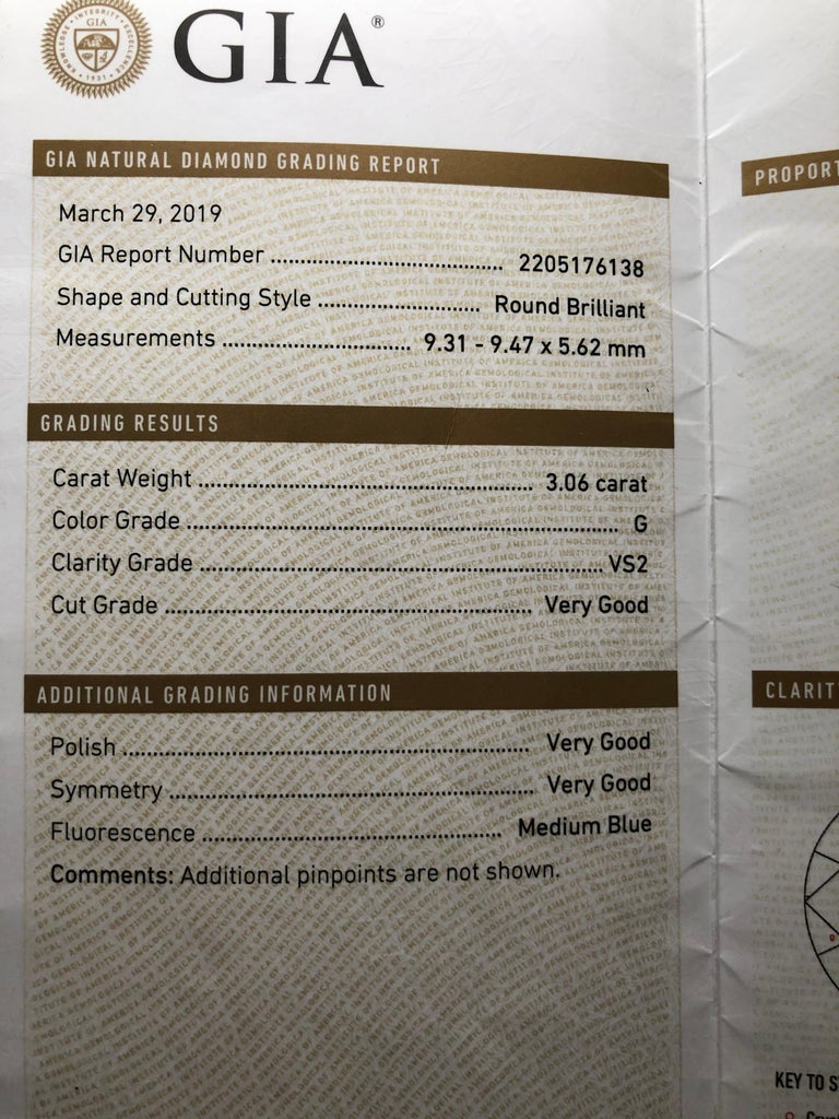 GIA 3.06 Carat G Vs2 Round Brilliant Cut Diamond at 1stDibs | loose ...