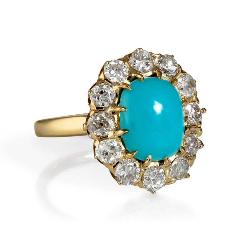 GIA 3.60ct Authentic Antique Victorian Turquoise Diamond Cluster Ring ...