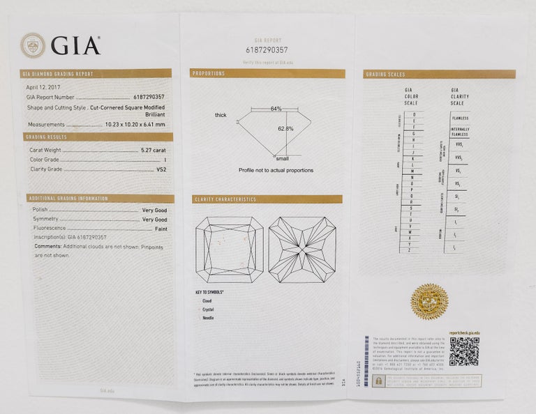 GIA 5.27ct. White Diamond Radiant Ring in 18k White Gold For Sale at 1stDibs