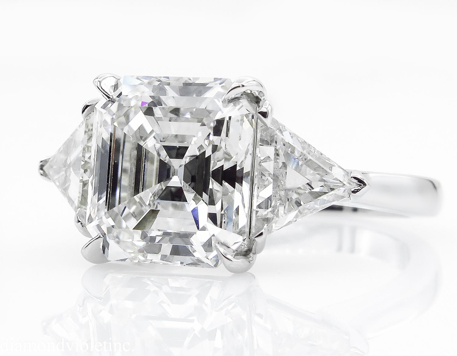 GIA 5.35 Carat Asscher Diamond 3-Stone Engagement Wedding Platinum Ring ...