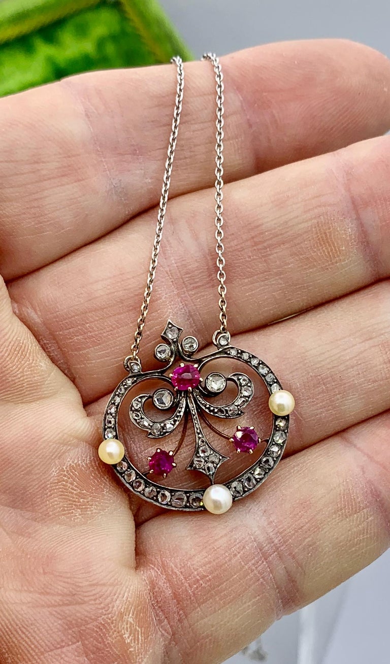 GIA Antique Pigeon Blood Burmese Burma Ruby Rose Cut Diamond Necklace French For Sale at 1stDibs