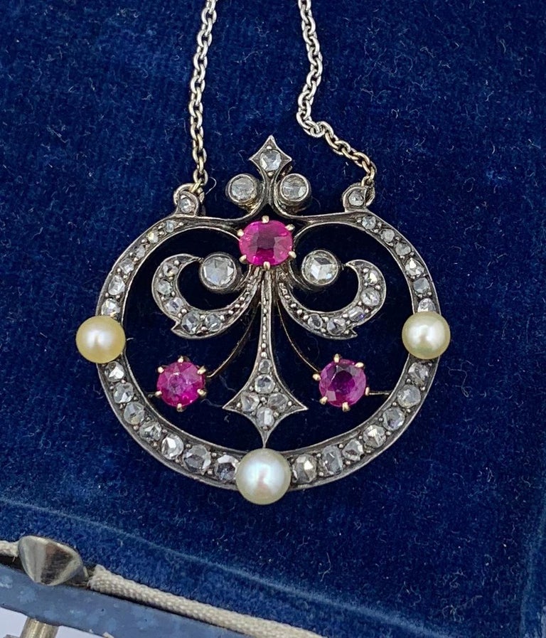 GIA Antique Pigeon Blood Burmese Burma Ruby Rose Cut Diamond Necklace French For Sale at 1stDibs