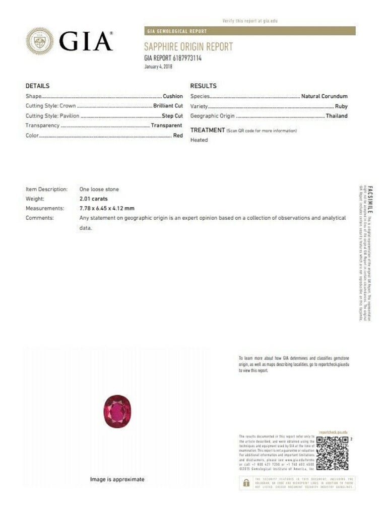 GIA Certificate Ruby Cushion Cut 2.01 Carat Loose at 1stDibs