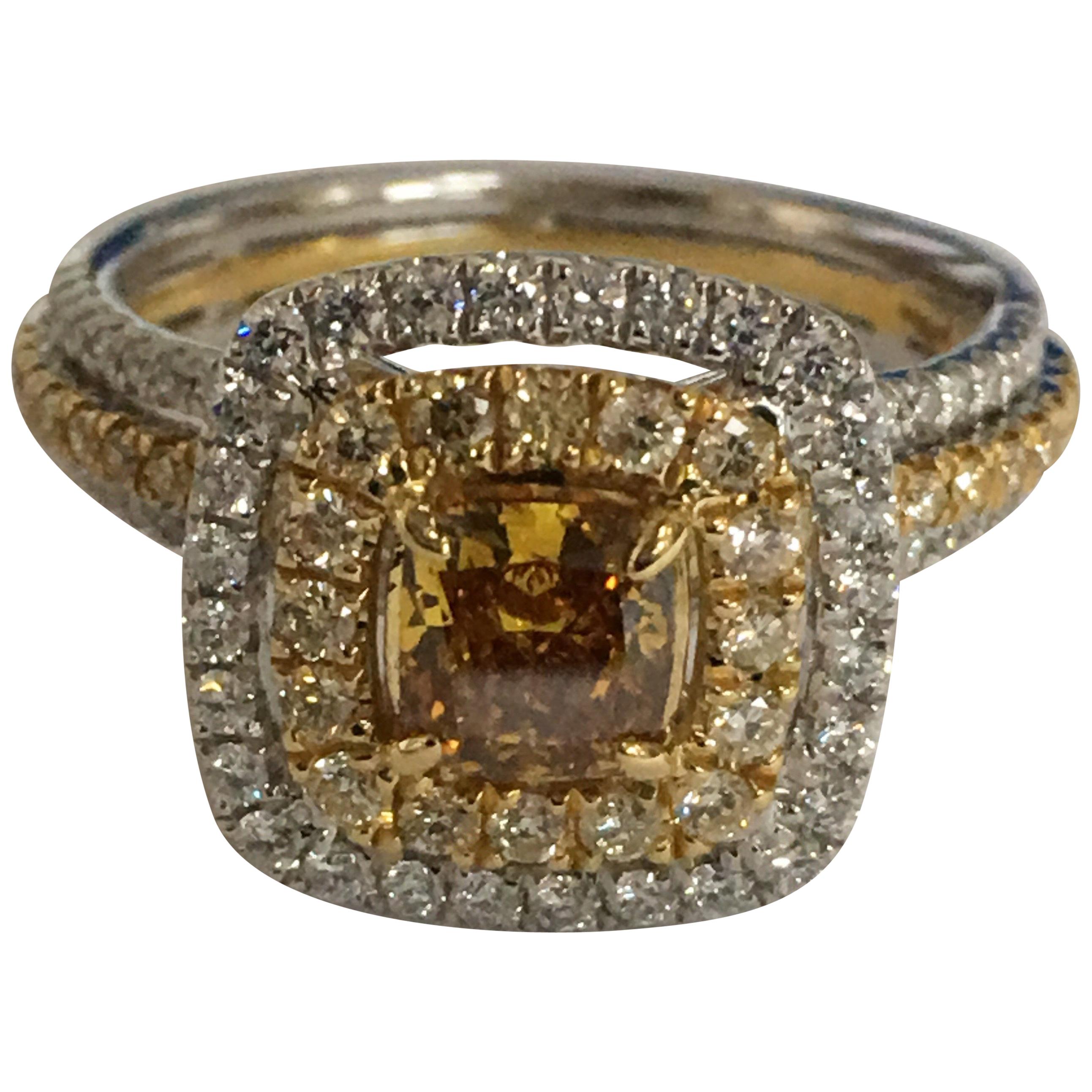 Certified Natural Brown Orange Diamond Double Halo Two-Color Gold ...