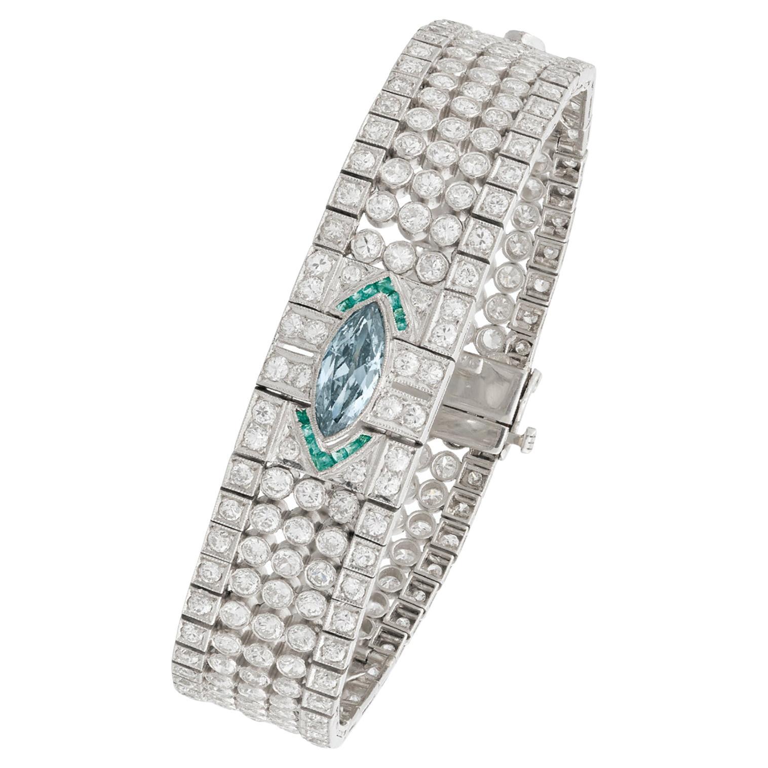 Art Deco Diamond Bracelet with Light Fancy Blue Marquise Diamond For ...