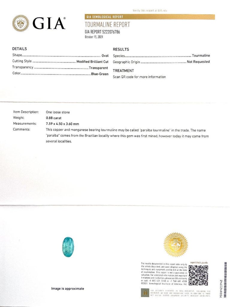 GIA Certified 0.88 Ct Natural Mozambique Paraiba Tourmaline Stone ...