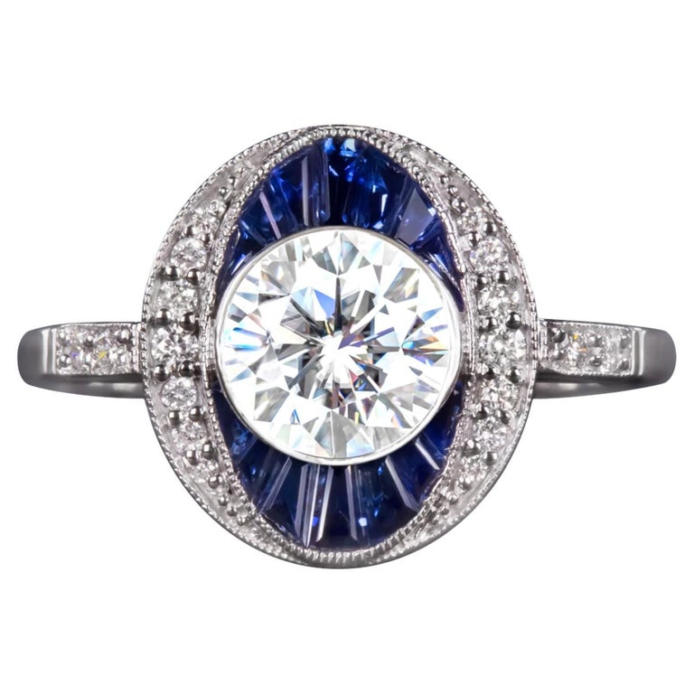 GIA Certified 1 Carat F VS1 Round Diamond Sapphire Art Deco Style Gold ...