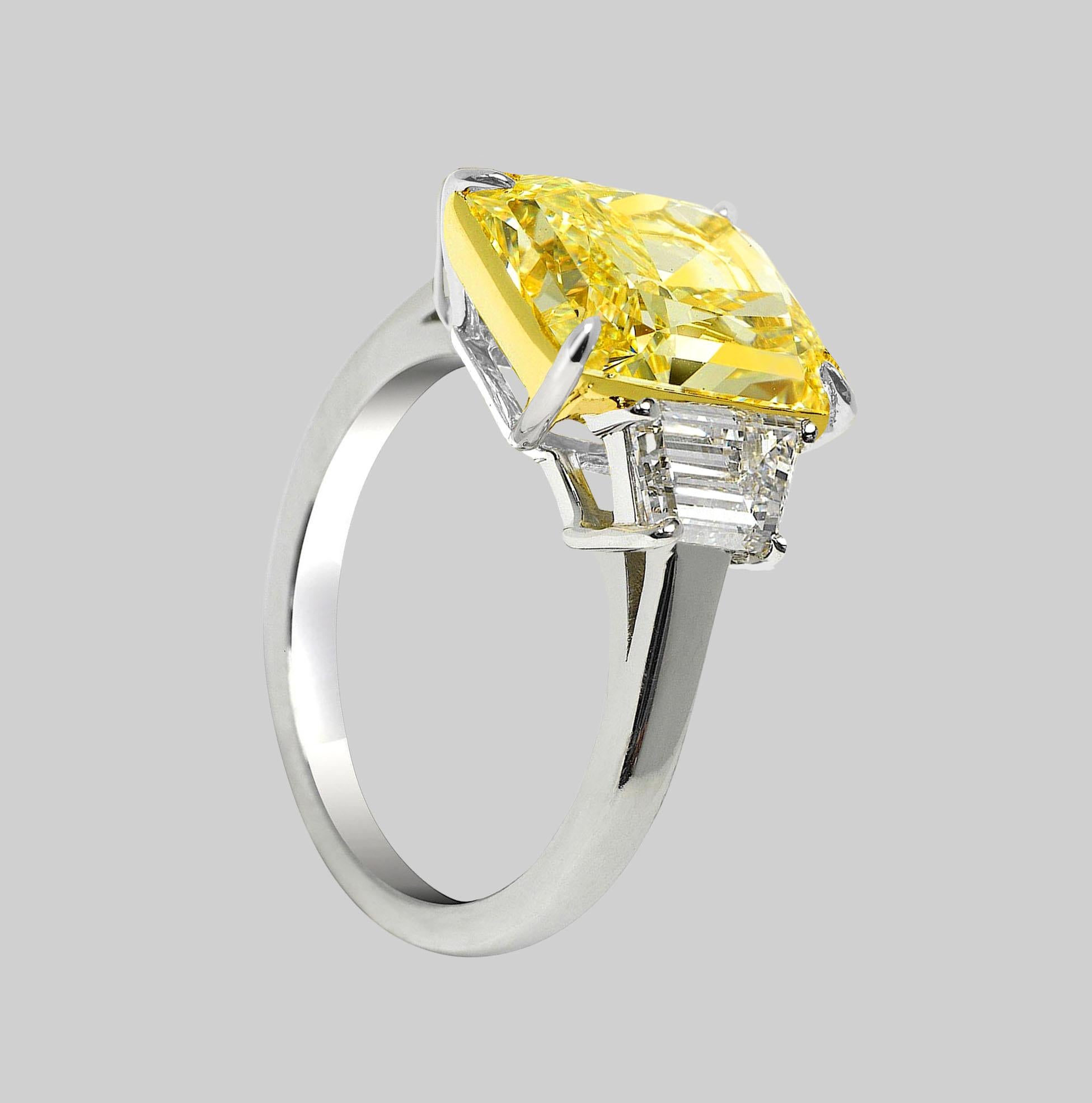 GIA Certified 10 Carat Fancy Intense Yellow Long Radiant Diamond Ring ...