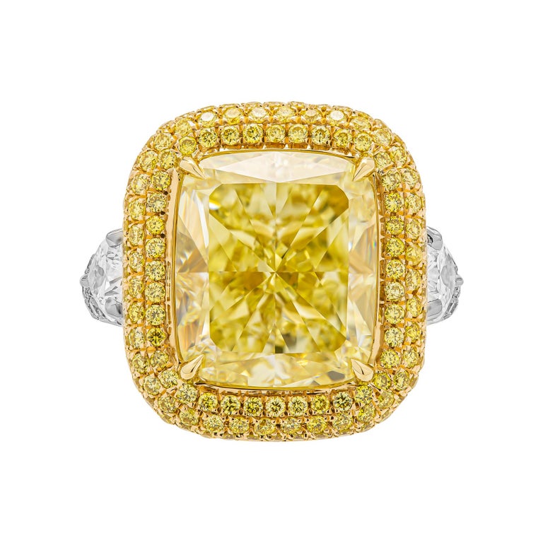 GIA Certified 10.11ct Fancy Yellow VS2 Cushion Cut Three-Stone Ring For ...