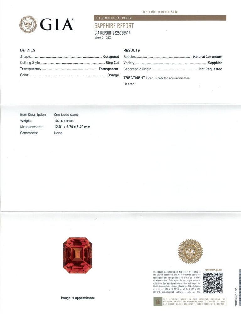GIA Certified 10.16 Carat Natural Heated Orange Sapphire For Sale at ...