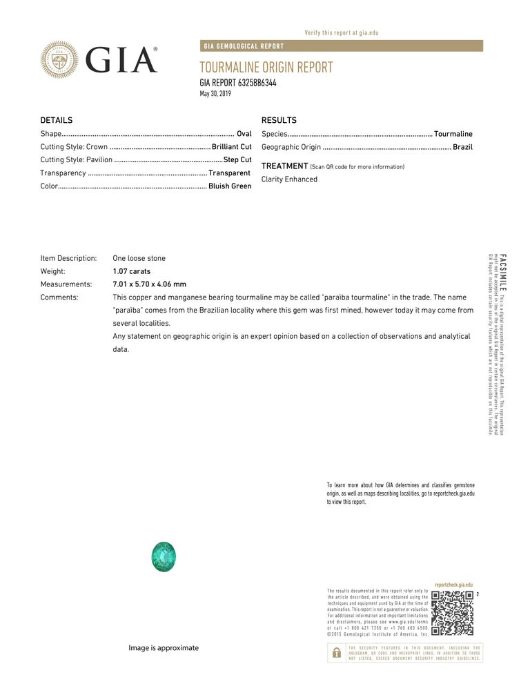 GIA Certified 1.07ct Brazilian Paraiba Tourmaline and Diamonds in Platinum Ring For Sale at 1stDibs