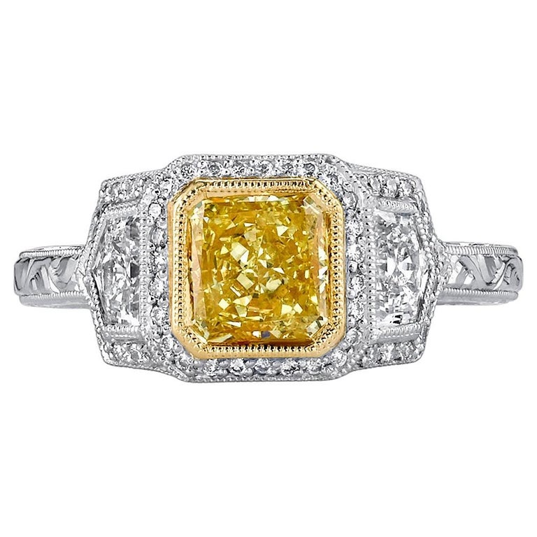 GIA Certified 1.11ct Fancy Intense Yellow Three Stone Diamond Ring ...