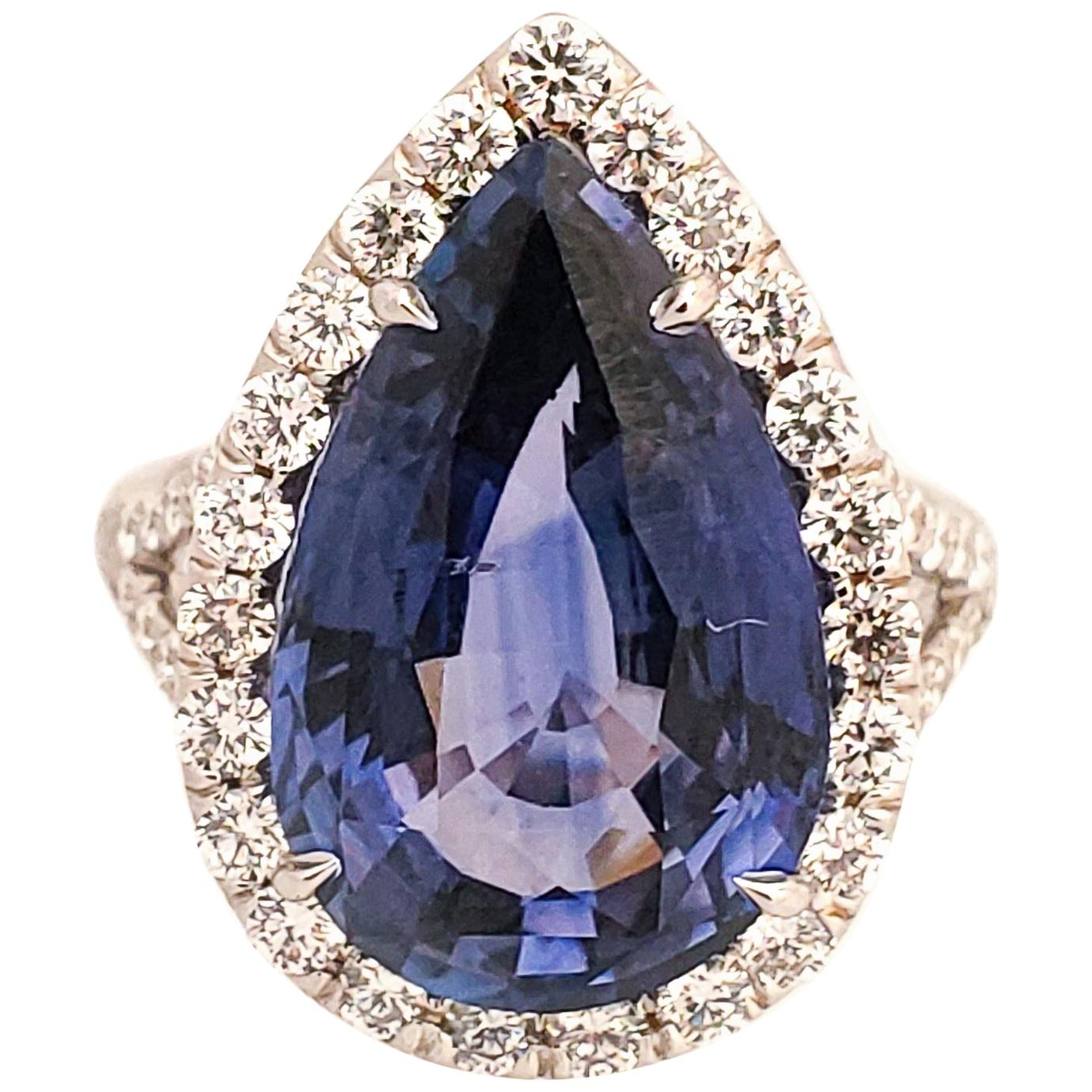 GIA Certified 11.24 Carat Pear Shape Blue Sapphire and Diamond Ring in ...