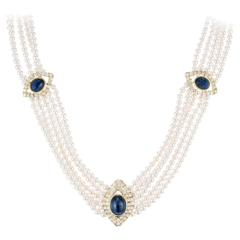 GIA Certified 11.25 Carat Sapphire Diamond Pearl Five Strand Necklace ...