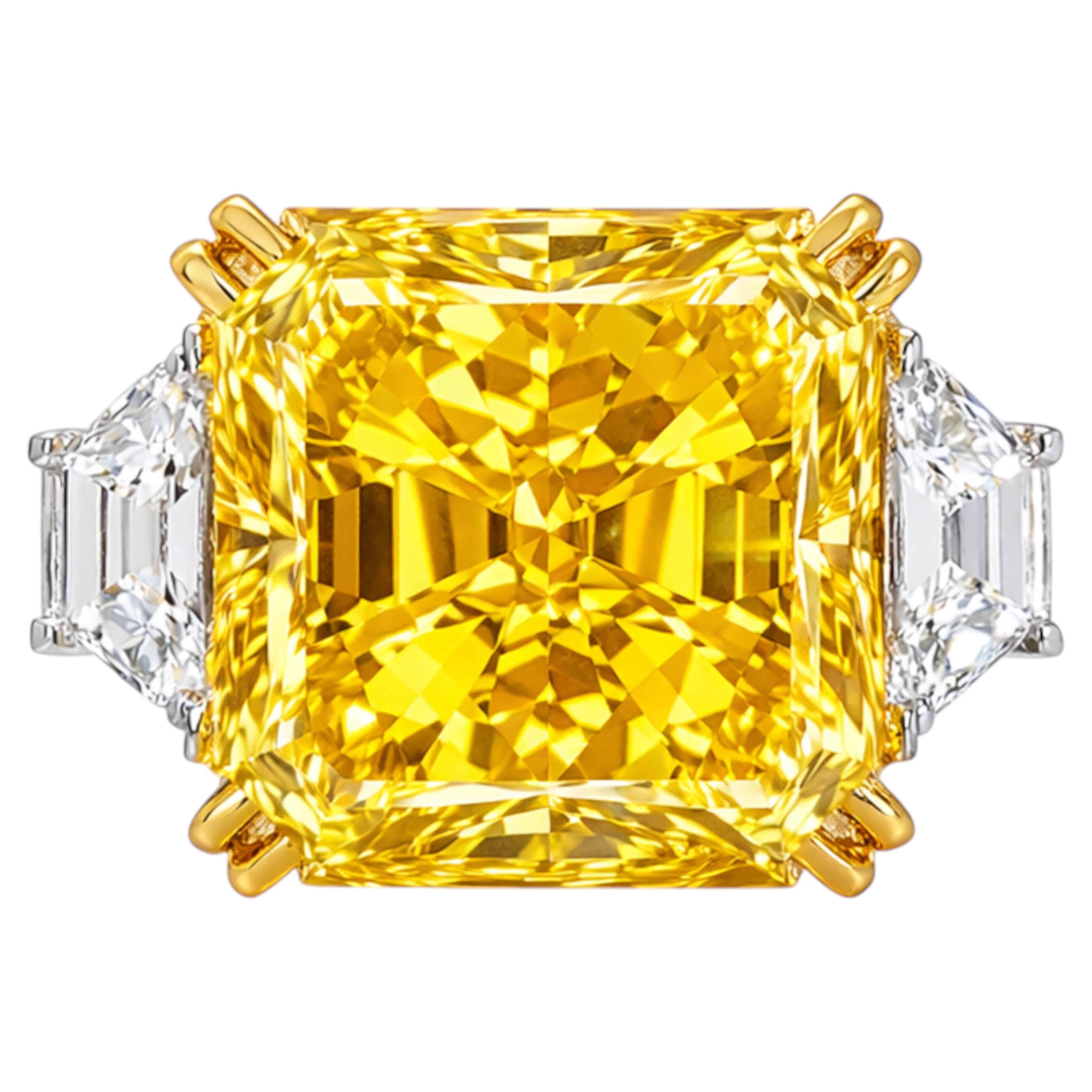GIA Certified 5.48 Carat Fancy Vivid Yellow Diamond Three-Stone Ring ...