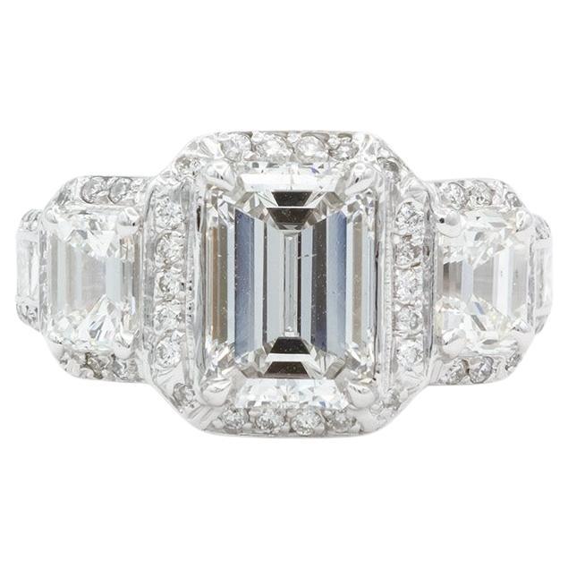 GIA Certified 14k White Gold and Emerald Cut Diamond Three Stone Halo ...