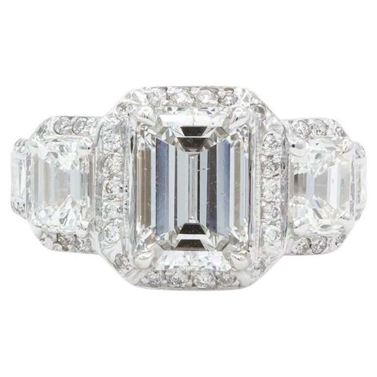Gia Certified 14K White Gold and Emerald Diamond Three Stone Halo ...