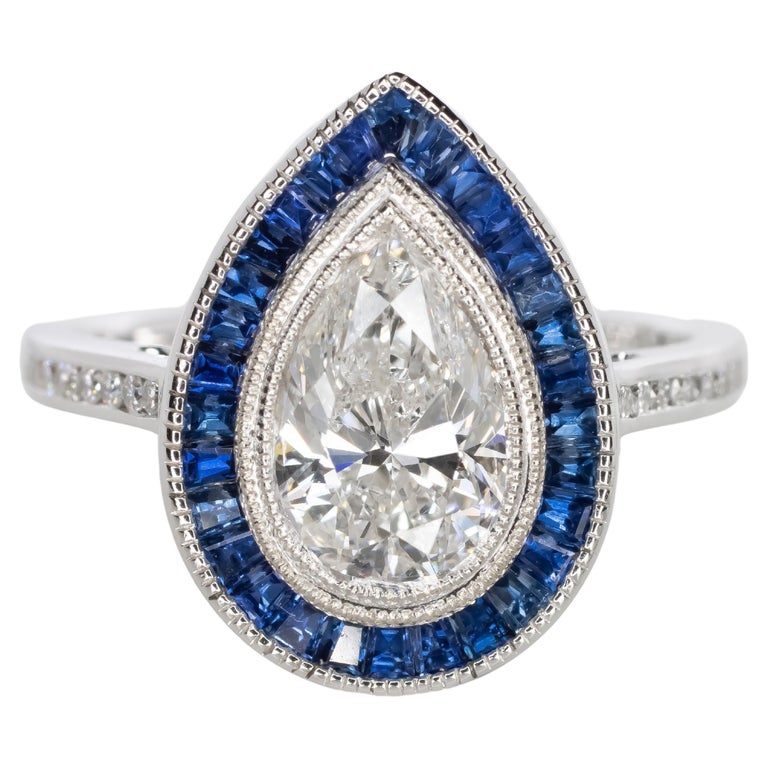 GIA Certified 1.5 Carat Pear Cut Diamond Blue Sapphire Halo Ring For ...