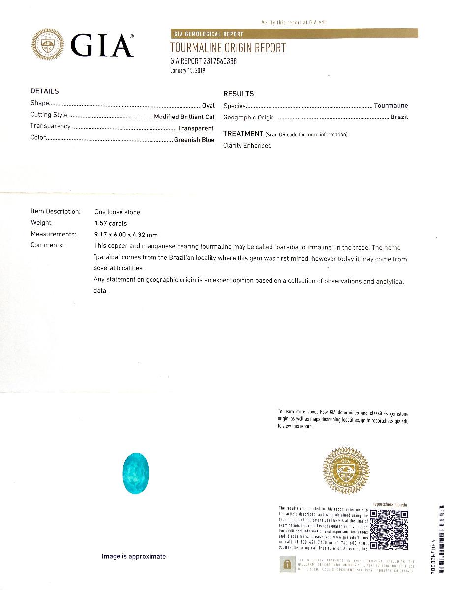 GIA Certified 1.57 Carat Natural Brazilian Paraiba Tourmaline For Sale ...