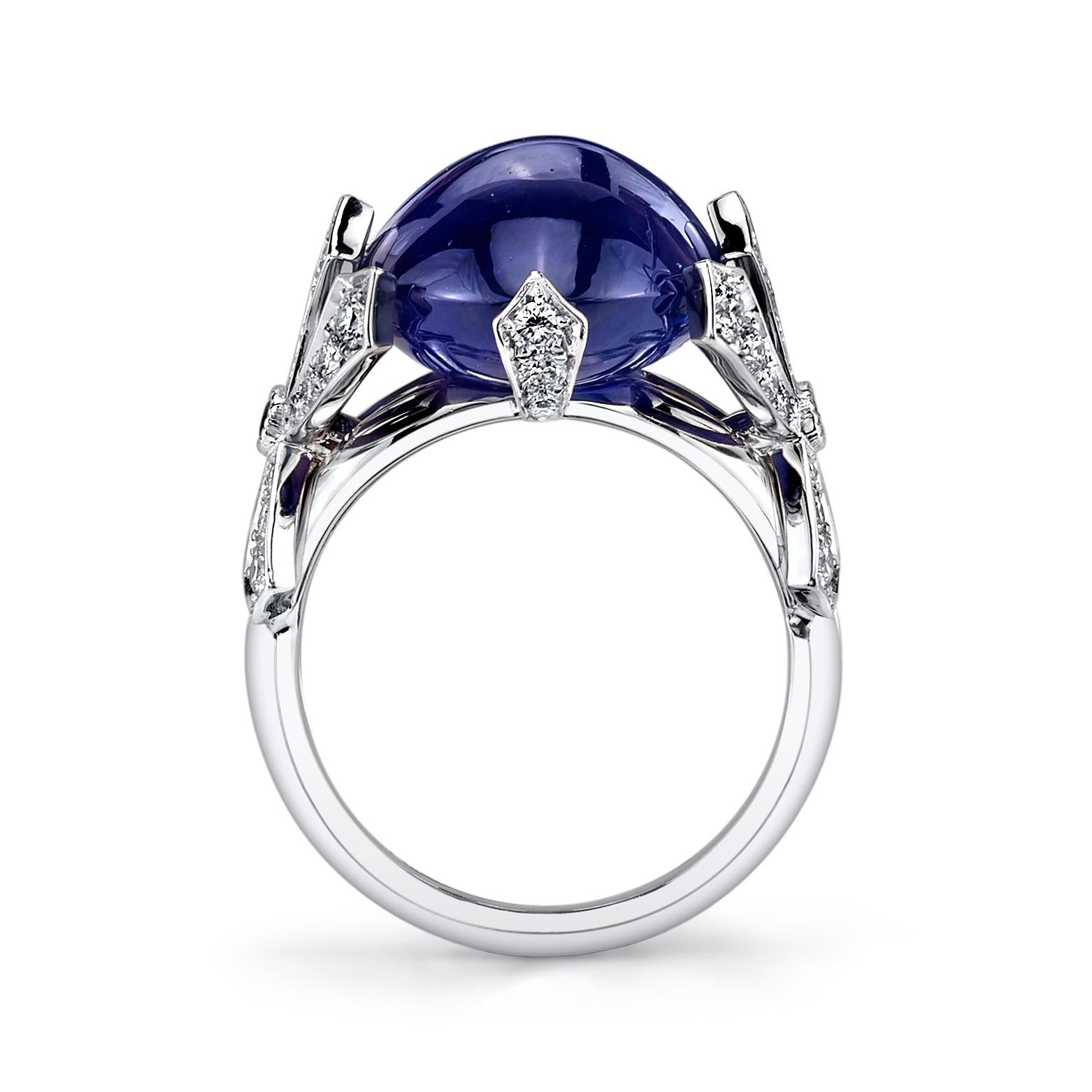 GIA Certified 16.11 Ct Cabochon Sapphire 18 Karat White Gold, 0.42 Ct Diamonds For Sale at 1stDibs
