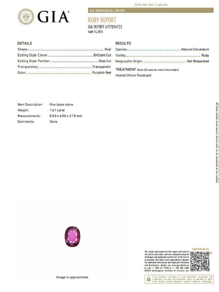GIA Certified 1.61ct oval cut purple red ruby 1.01ct diamonds ring 18kt ...