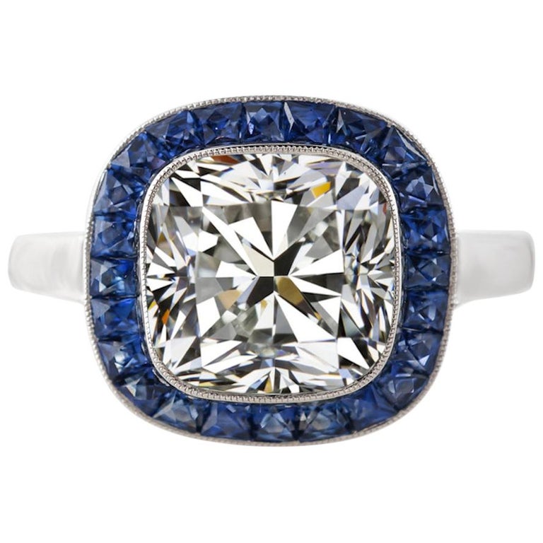 GIA Certified 1.79 Carat Cushion Cut Diamond Ring Sapphire Bullseye ...