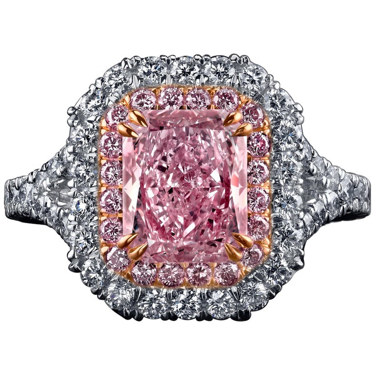GIA Certified 2.05 Carat Radiant Fancy Light Orangy Pink Diamond Ring For Sale at 1stDibs