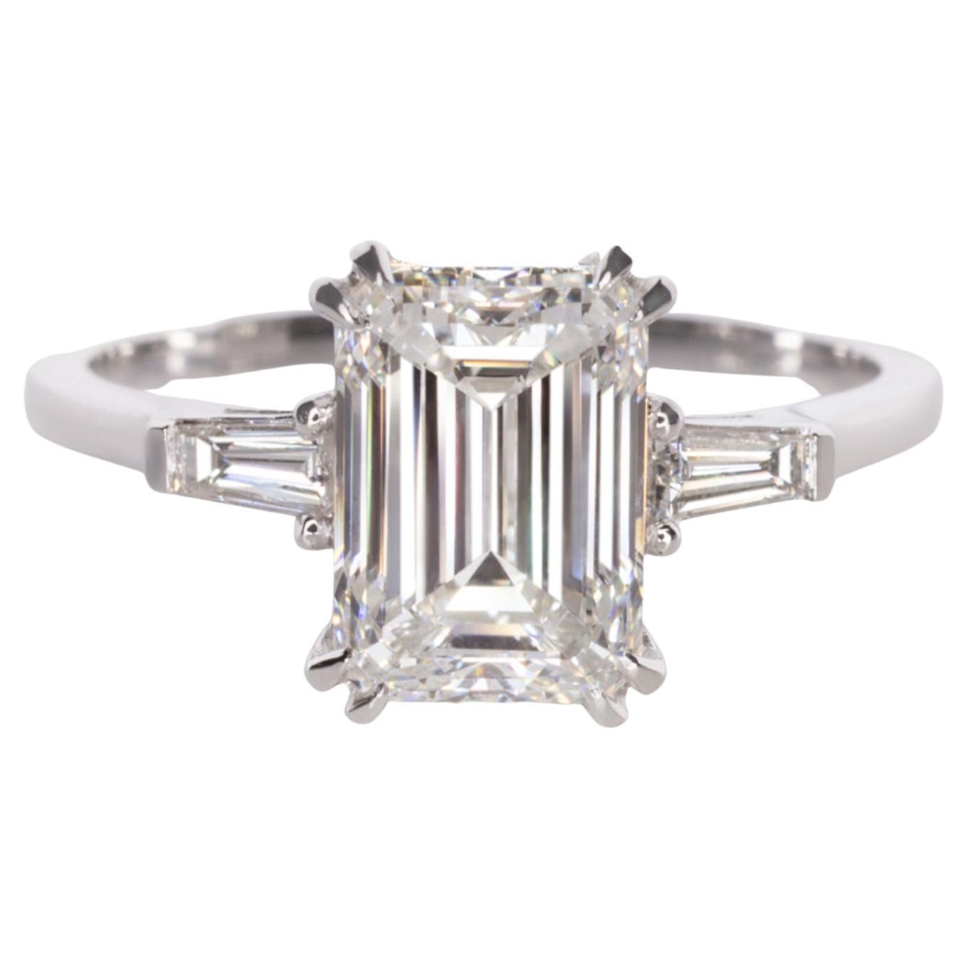 2.20 Carat Emerald Cut Diamond Prong Set in Diamond and Platinum Ring ...