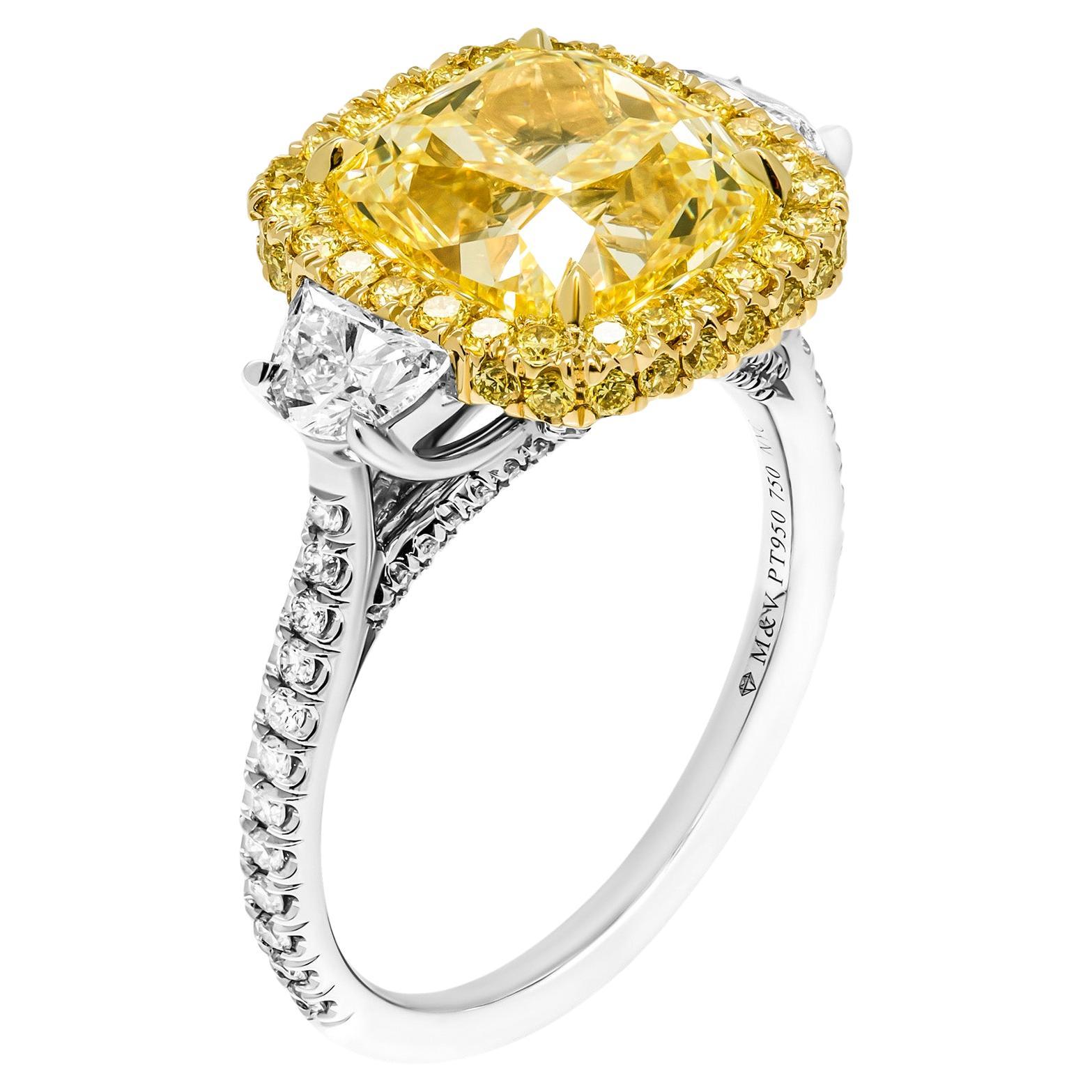 GIA Certified 3 Stone Ring with 4.51ct Fancy Yellow VS1 Cushion Cut For ...