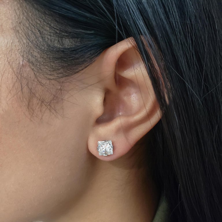GIA Certified 3.02 Carat Total Princess Cut Diamond Compass Set Stud ...