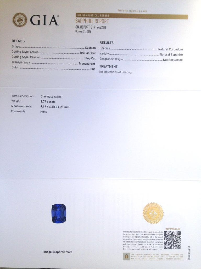 GIA Certified 3.77 Carat Natural Unheated Blue Sapphire For Sale at 1stDibs