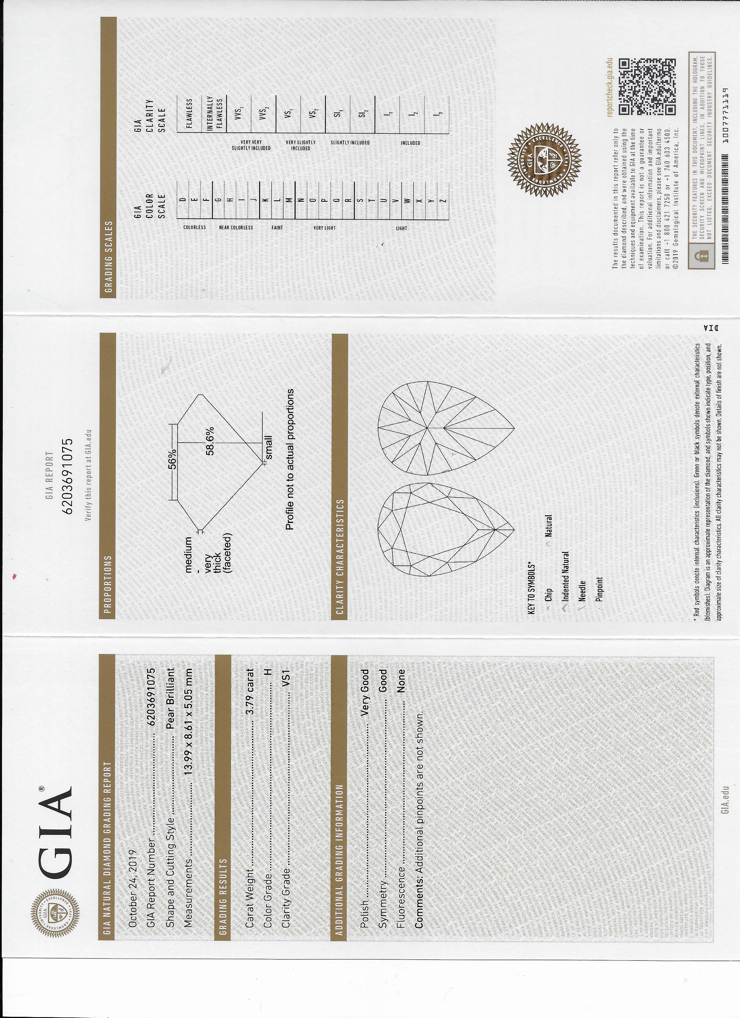 GIA Certified 3.79cts. Pear Shape Diamond Set in Platinum w/ 2 Tapper ...