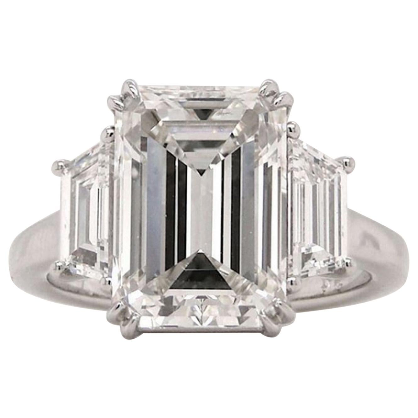 GIA Certified 4 Carat Emerald Cut Diamond Ring with Trapezoid Diamond ...